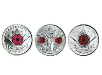 3 Canada Colored Remembrance Poppy 25c Coins 2004- 2008- 2010 BU ...