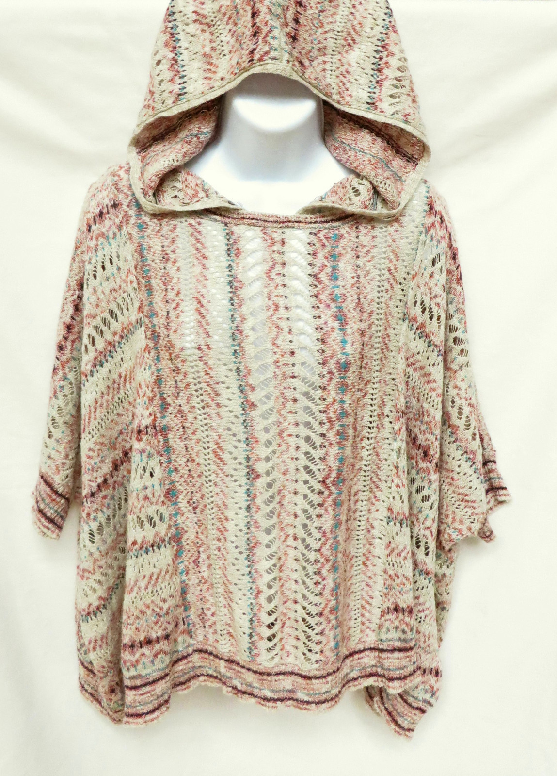 MOTH Womens Crochet Knitted Hooded Linen Alpaca Pullover Poncho Sweater ...