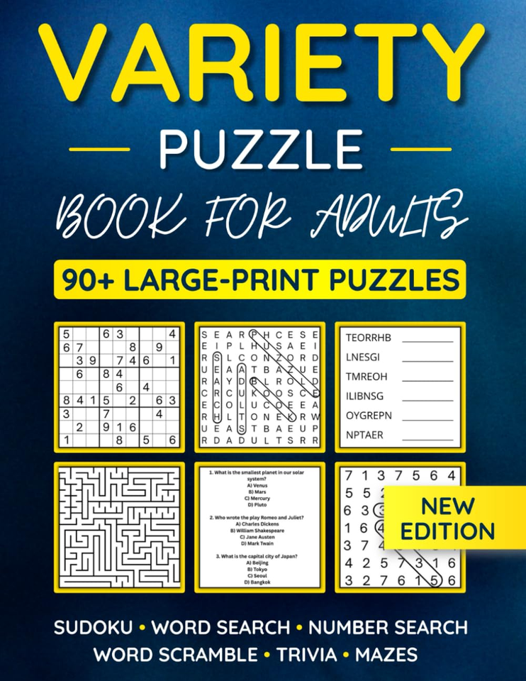 Variety Puzzle Book for Adults: 90+ Large-Print Puzzles Word Search ...