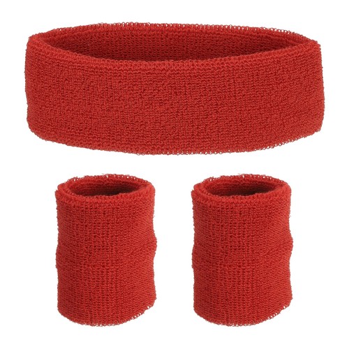 1 Headband & 2 Sport Wristbands Cotton Athletic Sweatband Red ...