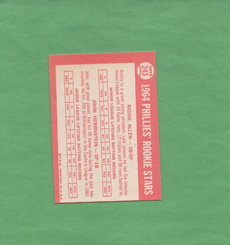 1964 Topps BASEBALL Set RICHIE DICK ALLEN Rookie Card # 243 - PHILLIES ...