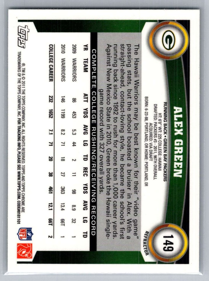 2011 Topps Chrome #149 Alex Green Packers Xfractors | eBay