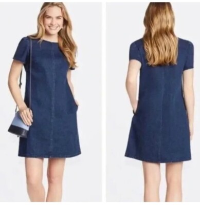 Draper James Puff Sleeve Dark Blue Denim Shift Dress sz 14 | eBay