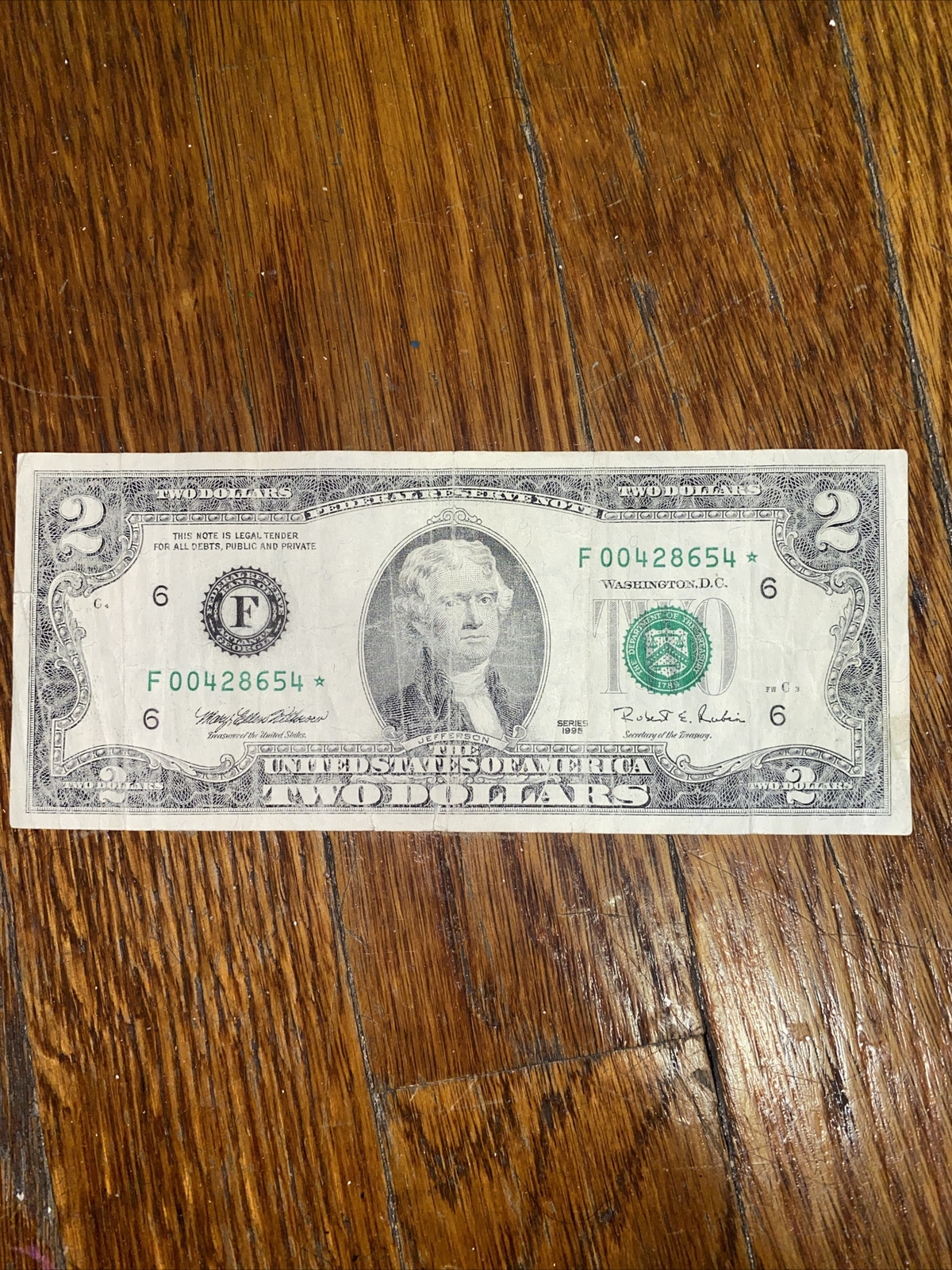 Fancy 1995 Two Dollar Bill $2 STAR NOTE Federal Reserve Note 00428654 ...