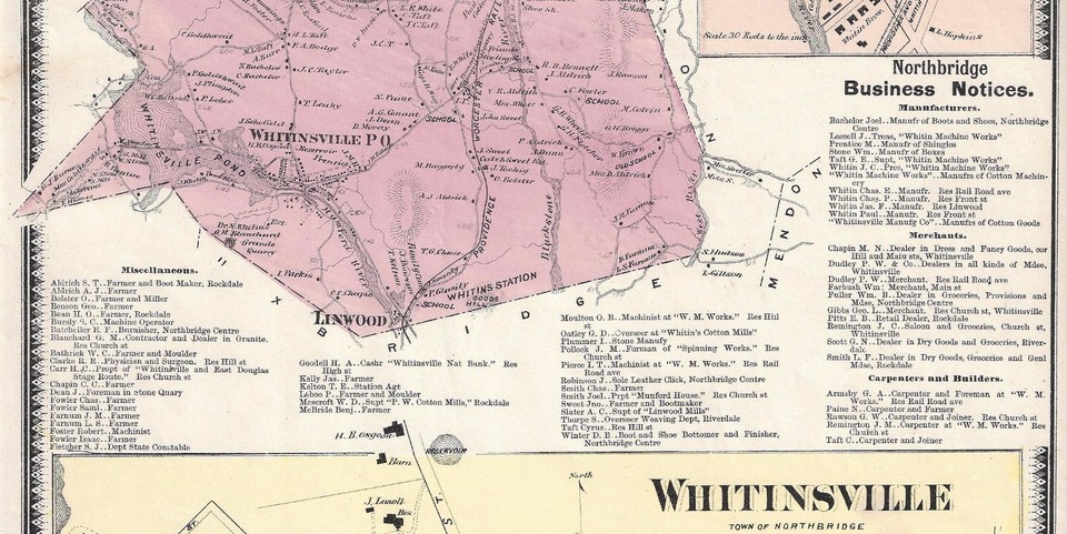 VINTAGE 1870 NORTHBRIDGE, MA. MAP THAT WAS REMOVED FROM THE BEER'S 1870 ...
