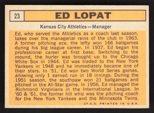 Ed Lopat 1963 Topps #23 Kansas City Athletics VG-EX GS | eBay
