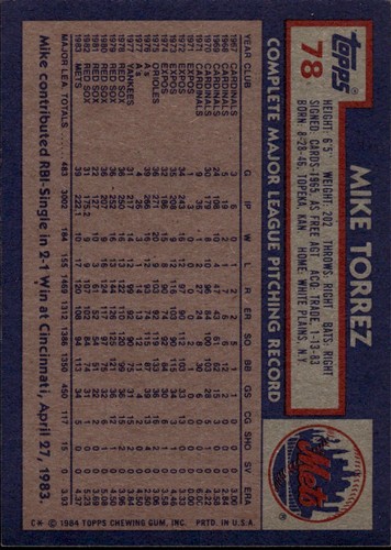 1984 Topps #78 Mike Torrez New York Mets | eBay