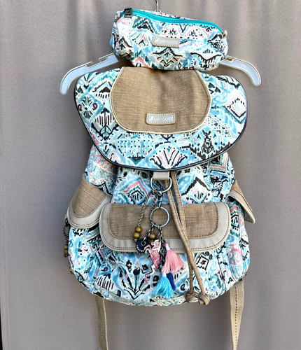 Sakroots Large Backpack Canvas Flap Drawstring Boho Blue Brown & Make ...