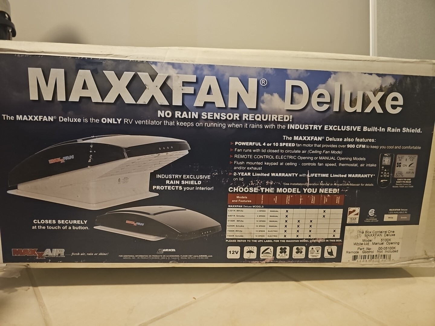 MAXXFAN Deluxe 5100K RV Vent Fan, White Lid, Manual Opening, Free ...