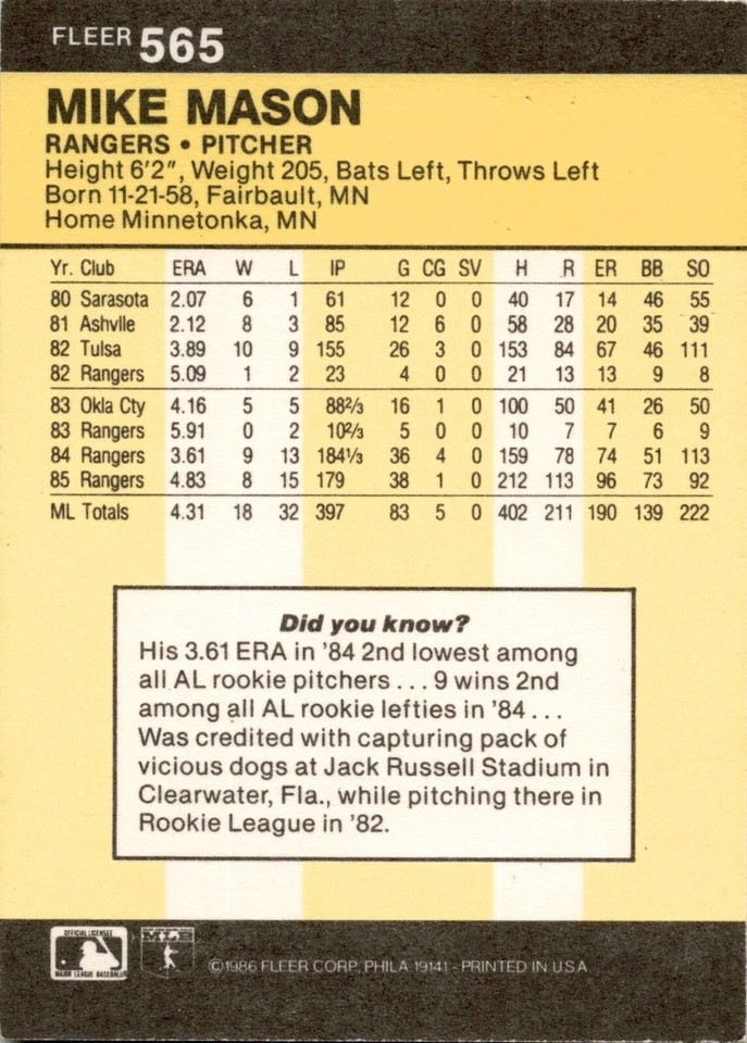 1986 Fleer Texas Rangers Baseball Card #565 Mike Mason | eBay
