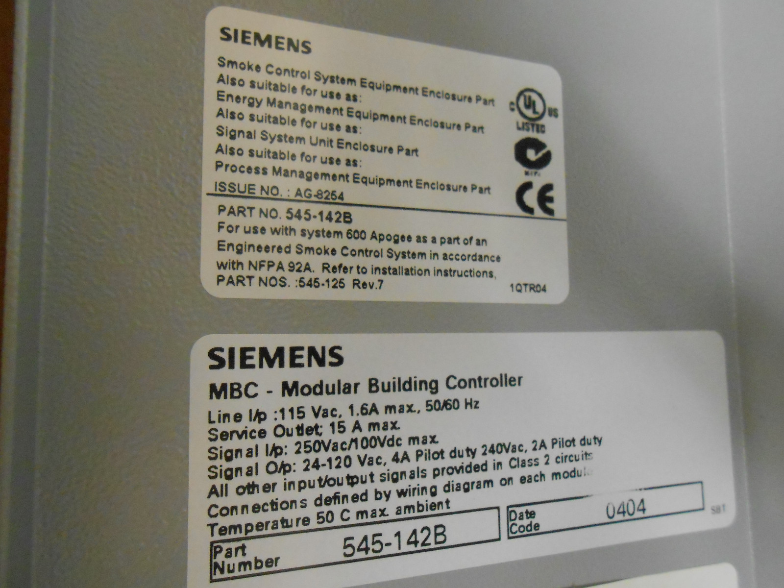 SIEMENS MBC-40 545-142B MODULAR BUILDING CONTROLLER & 545-142A STYLED ...