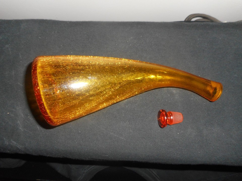 MCM late 1950s Blenko 948-s Crackled Glass Bent Neck Amber Decanter. | eBay