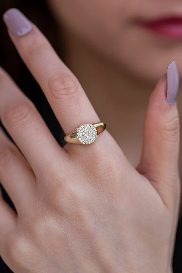 Signet Band Pave Ring Round Cut Moissanite Pave Signet Engagement Ring ...