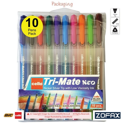 BIC CELLO Tri-mate Neon 10 x 1.0mm Nikel Medium Tip MULTI COLOURS ...