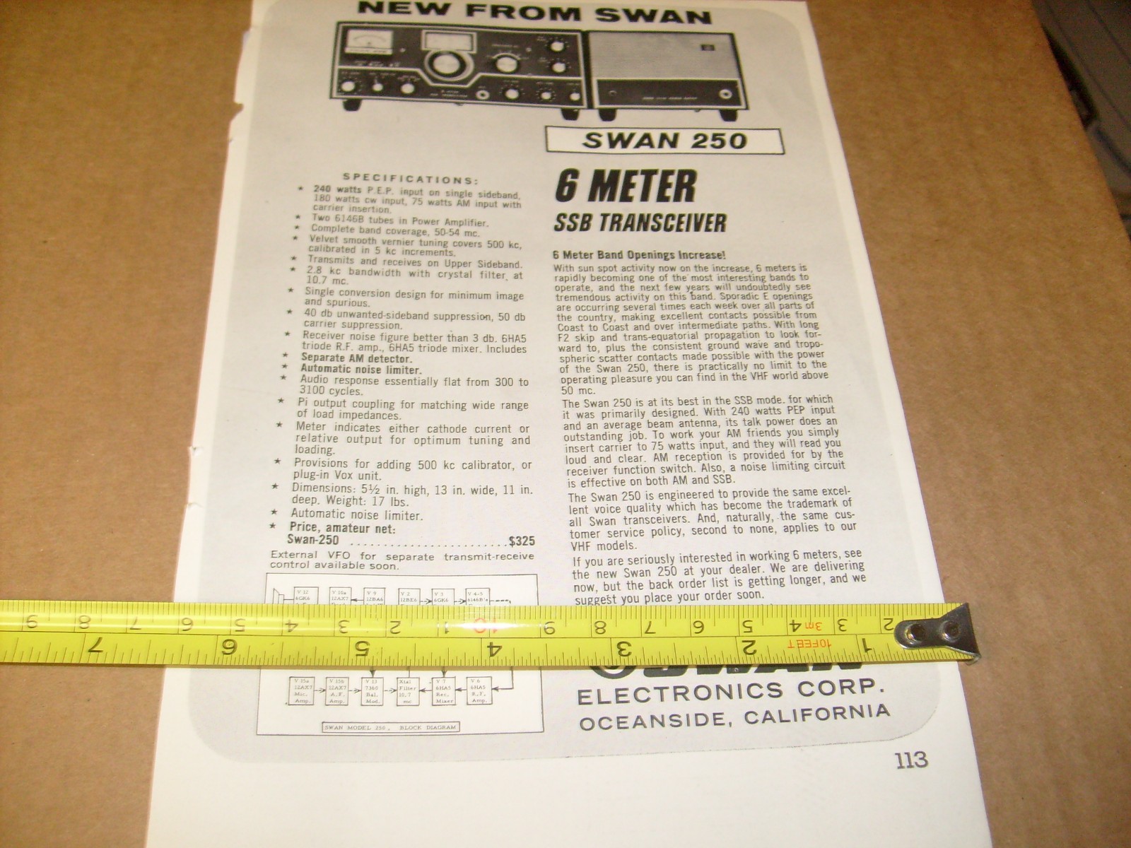 Swan Ham Radio 250 6 meter SSB Transceiver Print Ad Advertisement ...