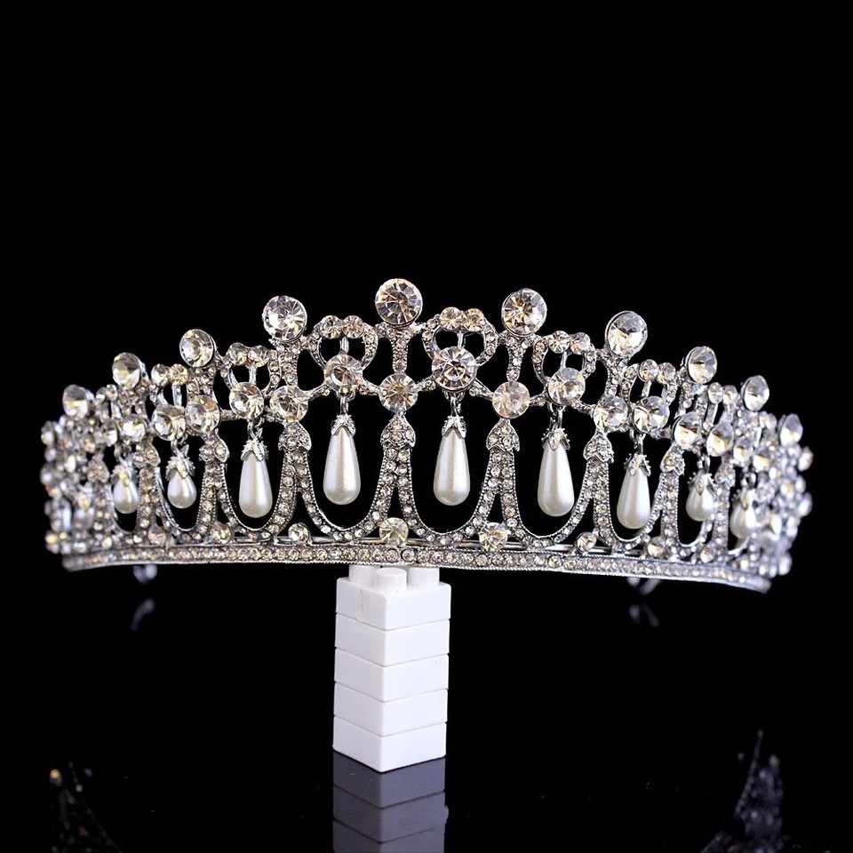 Vintage Silver Color Queen Princess Crown Crystal Pearls Diadem For ...
