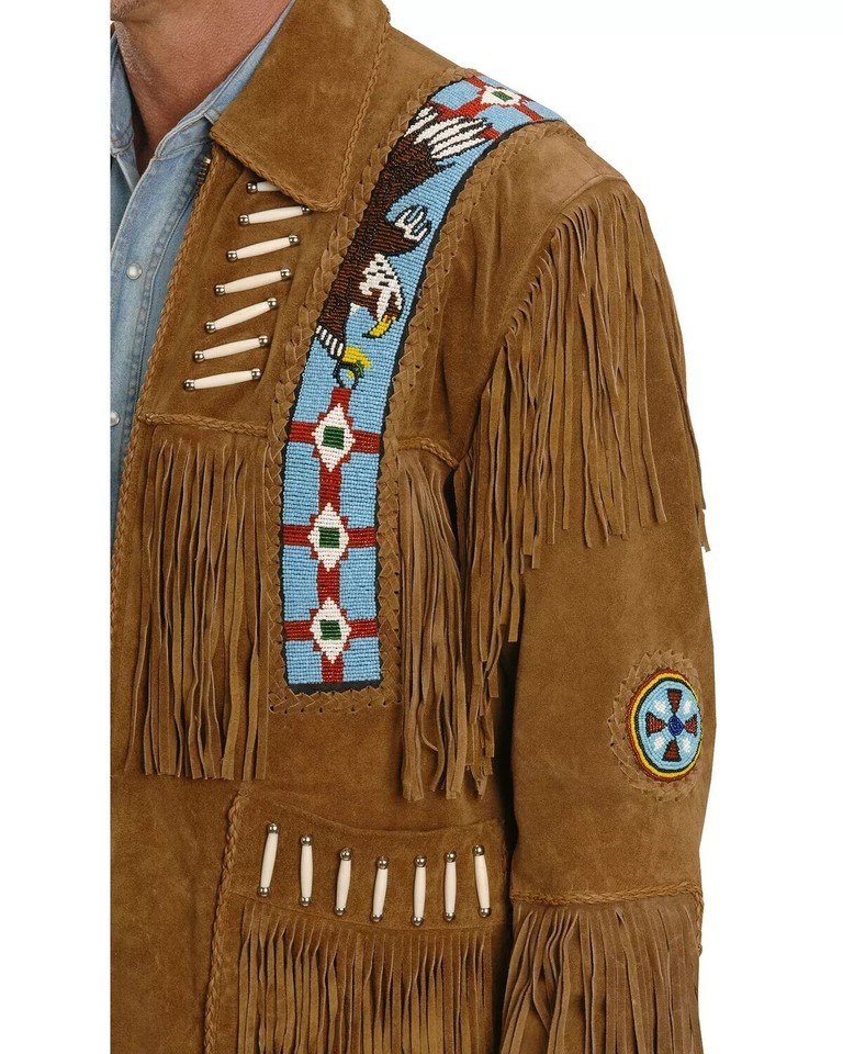 Men Western Cowboy Suede Fringe Jacket Beaded Native American Leather ...