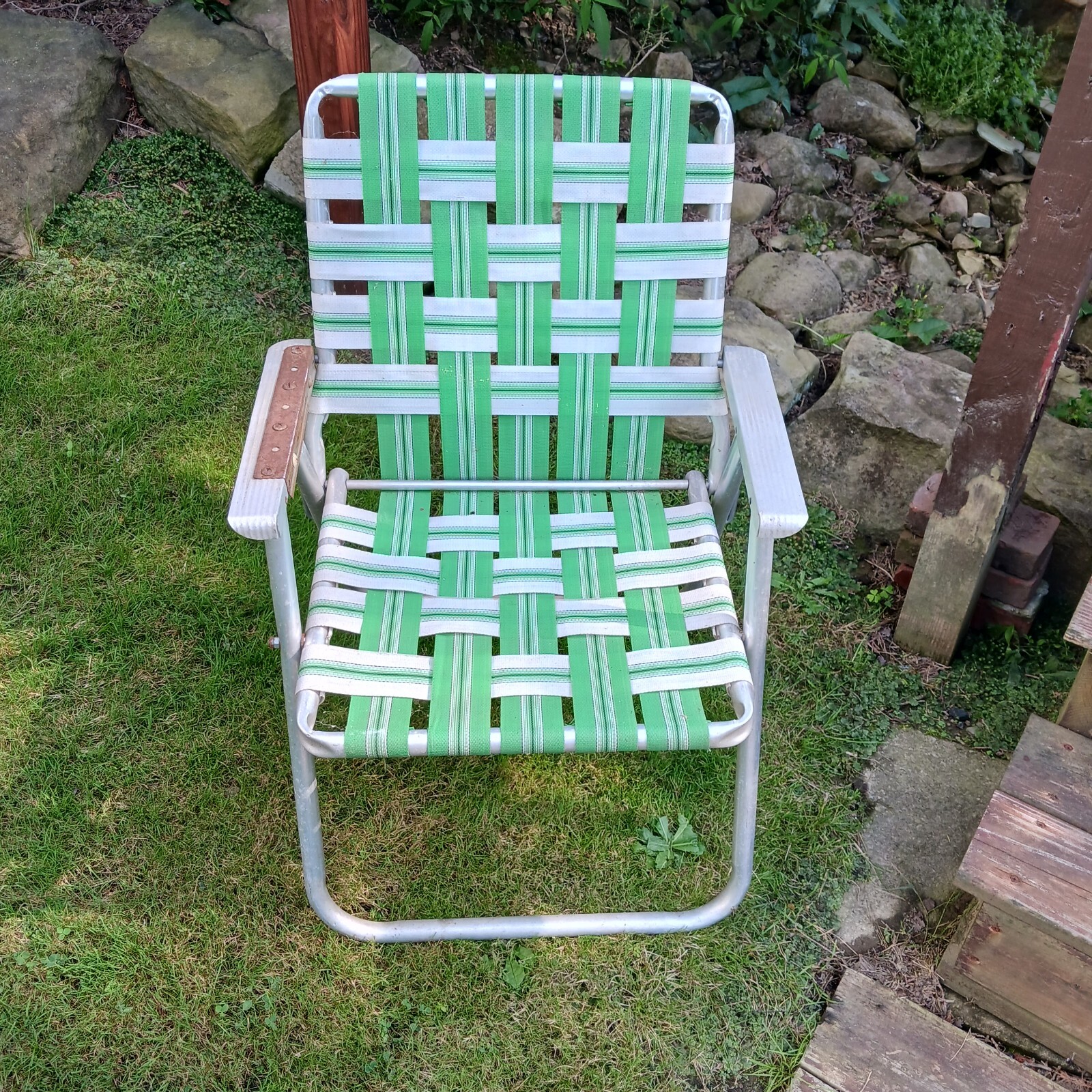Chair Vintage Aluminum Folding Chair Beach Lawn Webbed Green White 80s ...