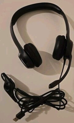 Logitech Logi USB Headphone Headset Mic Wired Black Volume Control ...