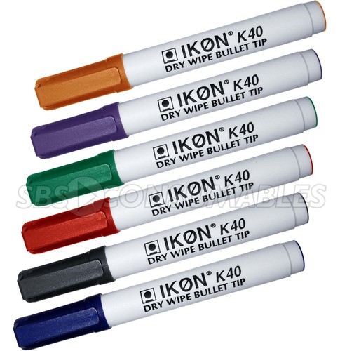 10 x Ikon K40 Jumbo Whiteboard Marker Pens. Coloured Bullet Tip Dry ...