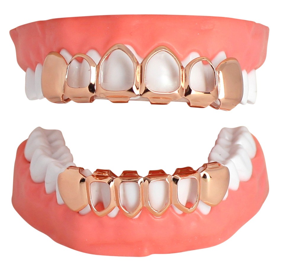 Open Face Grillz Custom Fit 14k Rose Gold Plated Top Bottom Teeth Grill ...