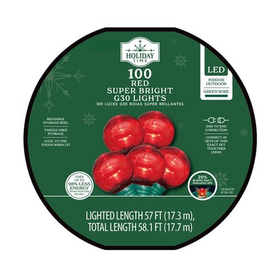 100-Count LED Super Bright G30 Christmas Lights, Red, 57', Holiday Time ...
