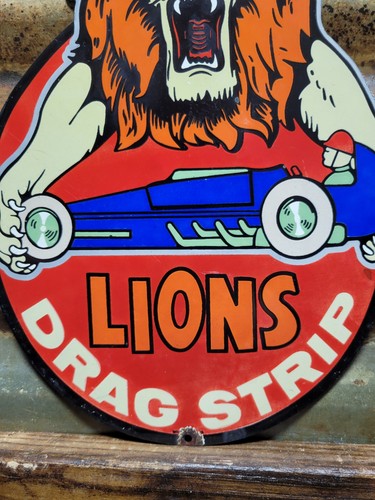 VINTAGE LIONS DRAG STRIP PORCELAIN SIGN OLD WILMINGTON CALIFORNIA ...