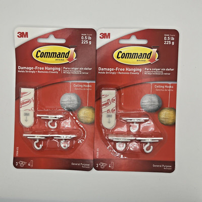 Command Ceiling Hooks Damage Free Hanging 3 Plastic Hooks 4 Foam Strips ...