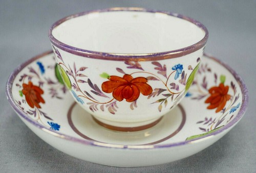 British Enameled Red & Blue Floral Pink Luster Pearlware Tea Bowl ...