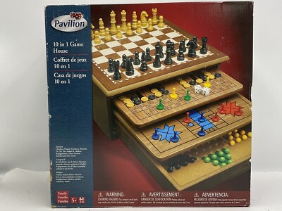 Pavilion 10 in 1 Wooden Chess Board Games Slide Out Checkers House Unit ...