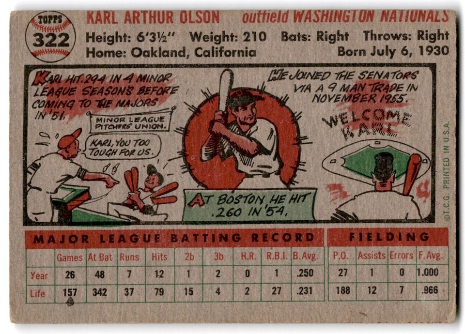 1956 Topps Karl Olson Washington Senators #322 | eBay