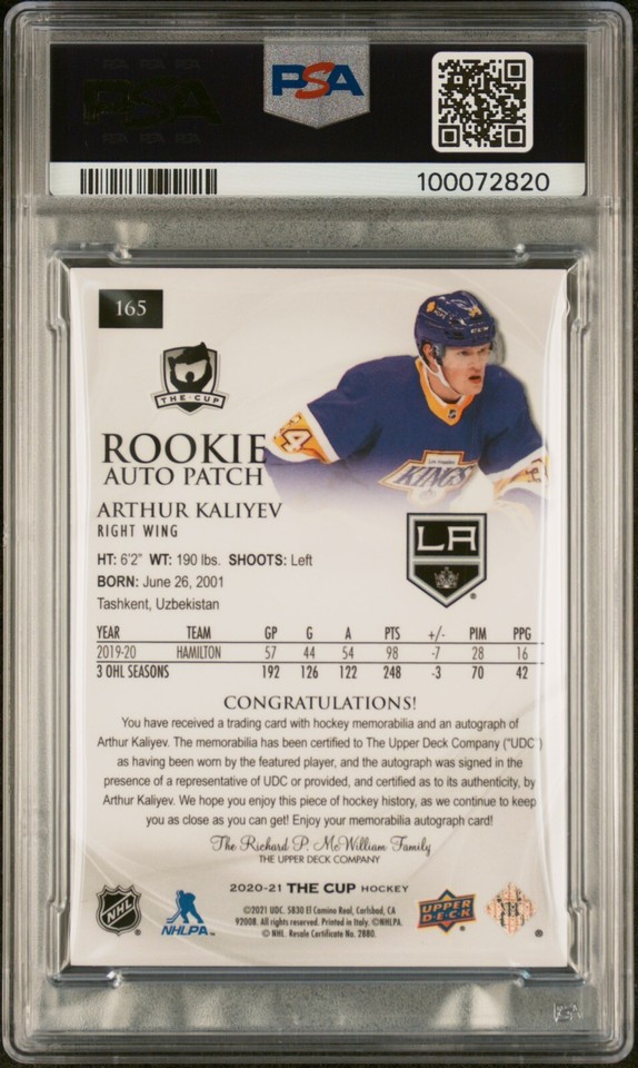 2020-21 UD THE CUP ARTHUR KALIYEV ROOKIE AUTO PATCH RPA /249 PSA 8 / 10 ...