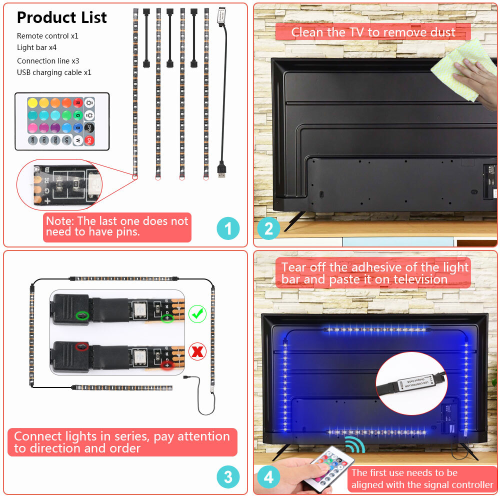 4x LED TV Back Lights USB Strip Backlight Kits 5050 RGB Lighting with ...