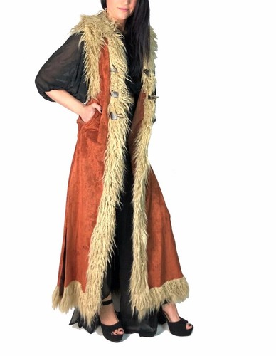 WIDOW SUEDE LONG FAUX FUR BROWN VEST COAT JACKET MEDIEVAL GYPSY VIKING ...