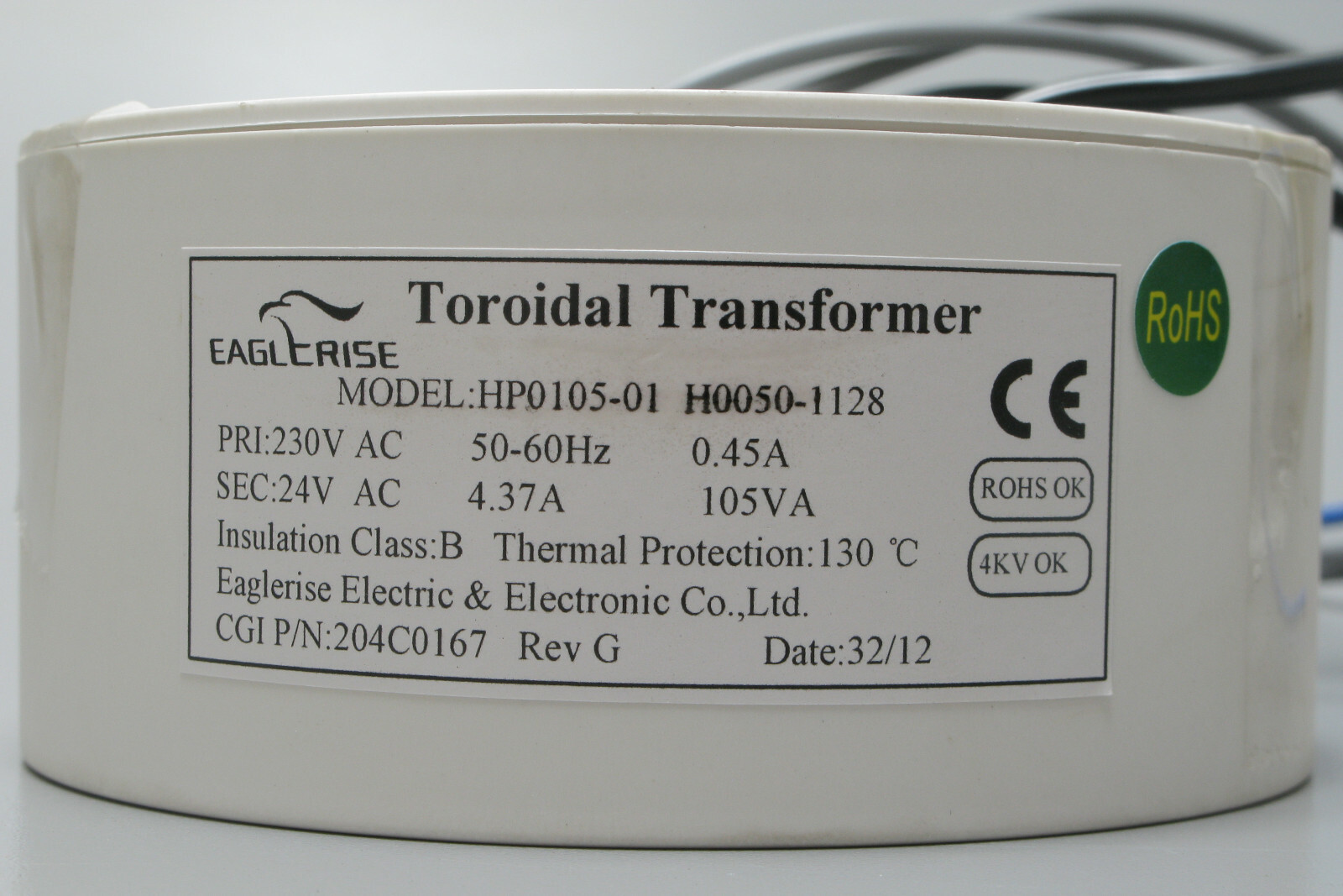 Eaglerise Electric & Electronic 230V to 24V 4.37 Amp 105VA Toroidal ...