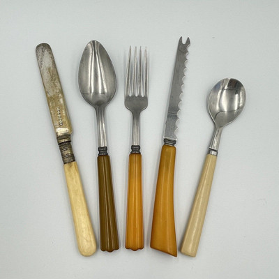 Vintage Bakelite Handle Flatware LOT Knife Fork Spoon Butterscotch ...