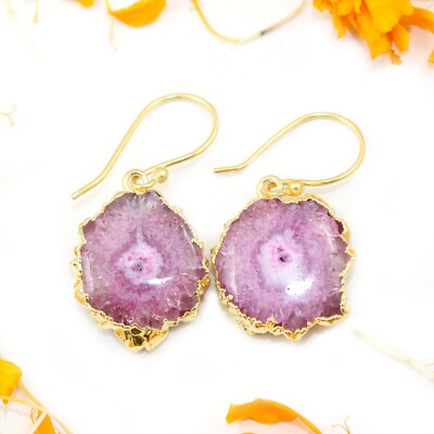Natural Bright Pink Solar Quartz Satellite Gold Electroplated Earrings ...