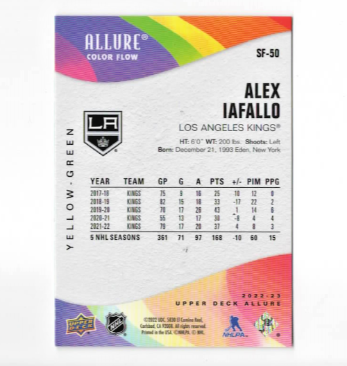 2022-23 Allure Color Flow Yellow/Green RC Alex Iafallo Kings C-505 | eBay