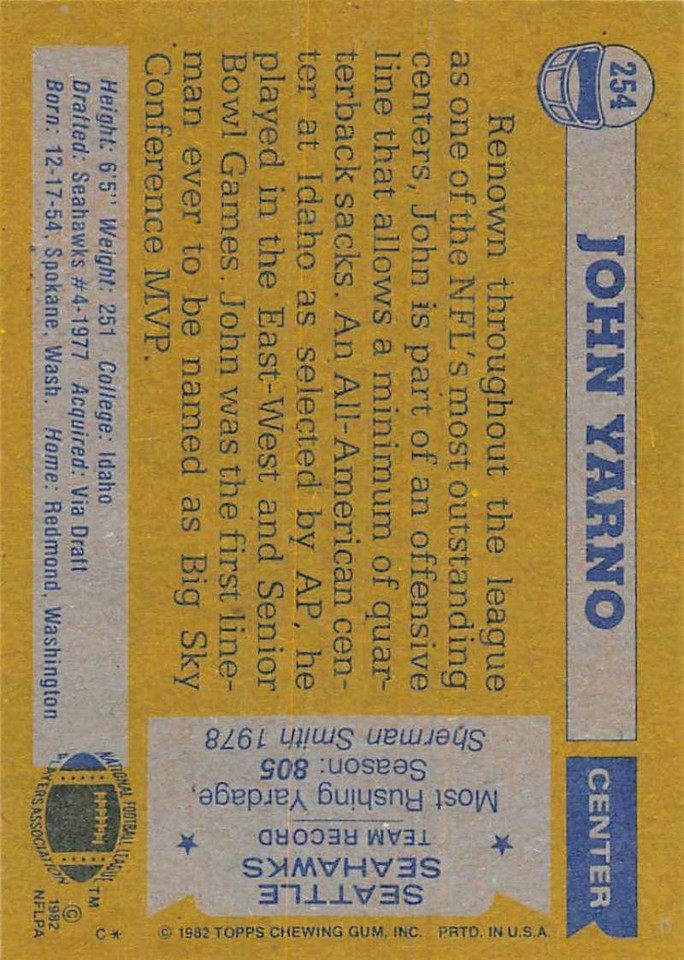 1982 Topps #254 John Yarno Seahawks NM-MT | eBay