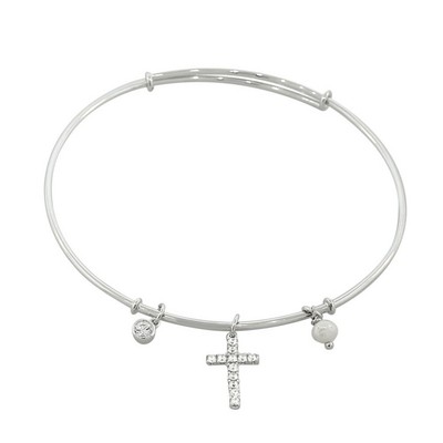 .925 Sterling Silver Latin Cross Religious Pearl Crystals CZ Bangle ...