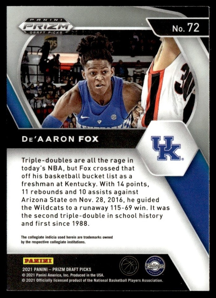 2021-22 Panini Prizm Draft Picks De'Aaron Fox Kentucky Wildcats #72 | eBay