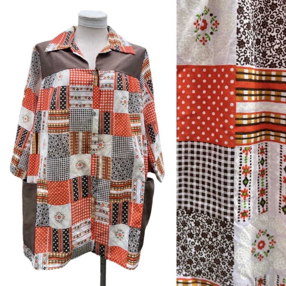 Vintage 70s Patchwork Print Orange Brown Button Up Sh… - Gem