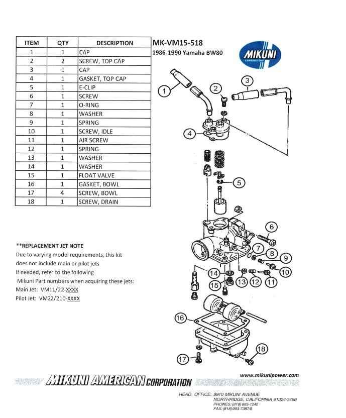 NEW!! Genuine Mikuni Carburetor Rebuild kit 1986-1990 Yamaha BW80 MK-VM15-518 | eBay