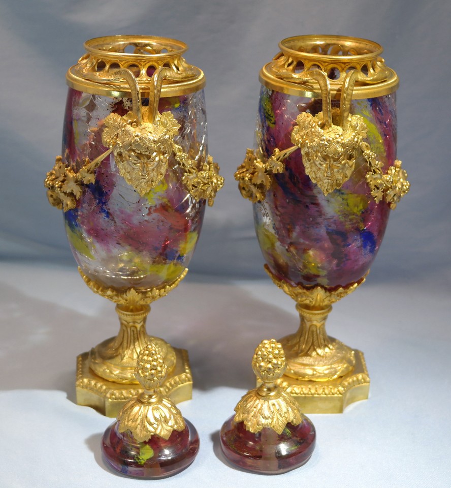 French Neo-Classical Gilt Bronze Pair Color Crackled Glass Potpourri ...