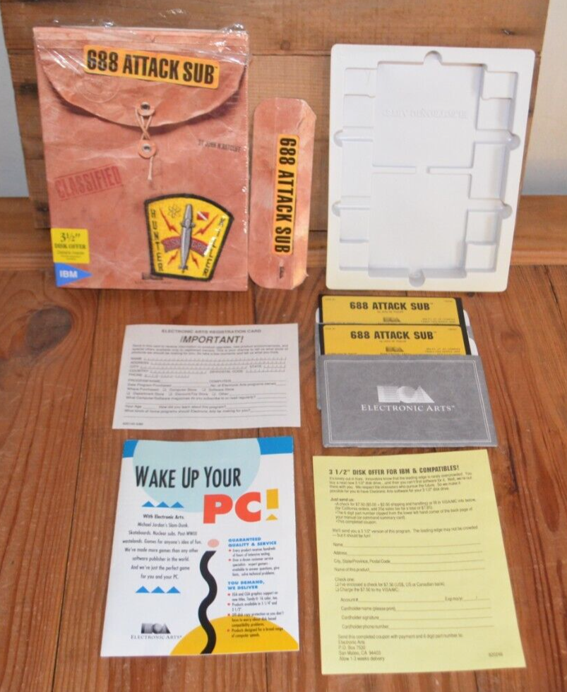 688 Attack Sub Vintage Computer Game IBM PC 5.25 Disk Big Box w/Patch ...