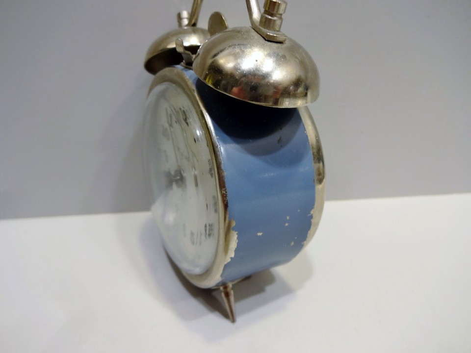 Vtg INGRAHAM TWO BELL ALARM CLOCK Blue 4" Wind Up Twin Double Romania ...