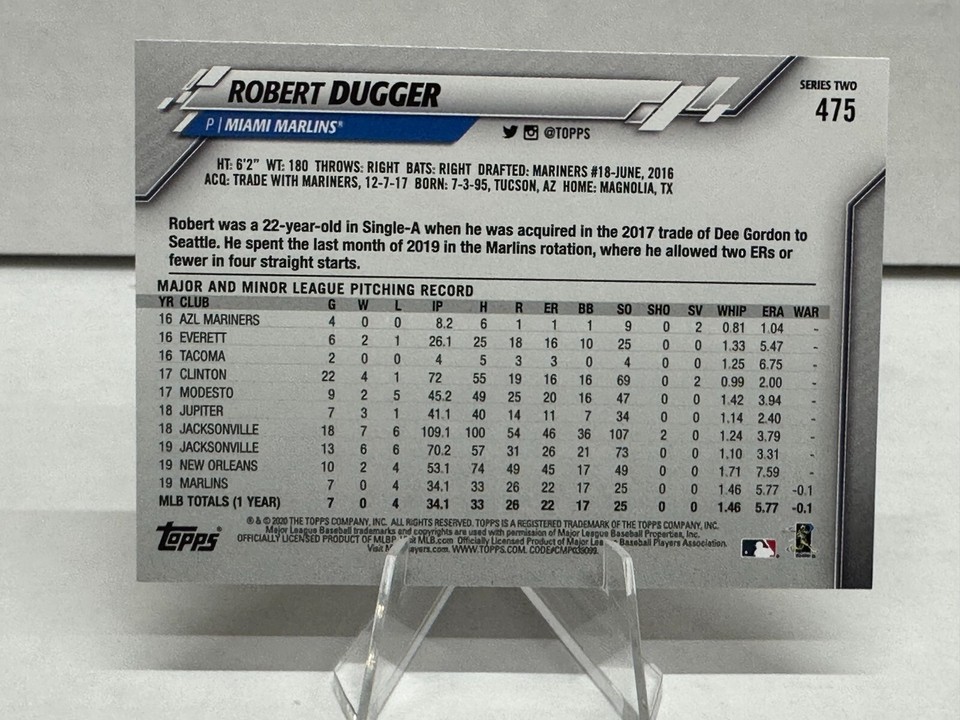 2020 Topps Series 2 Baseball Card #475 Robert Dugger RC Miami Marlins ...