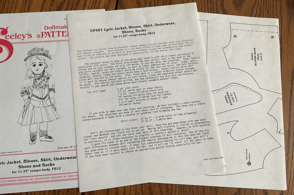 Lyric Jacket Blouse Skirt Shoes Seeley's Dollmaker's Pattern CP401 16 ...