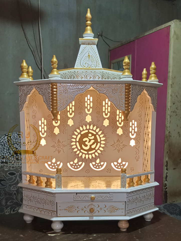 Large White Wooden Temple for Home Pooja Mandir with LED Light & Drawer ...