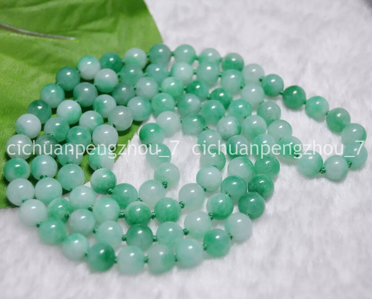 Light Green Jade Jadeite Round Gemstone Beads Long Necklace No Clasp 6 ...